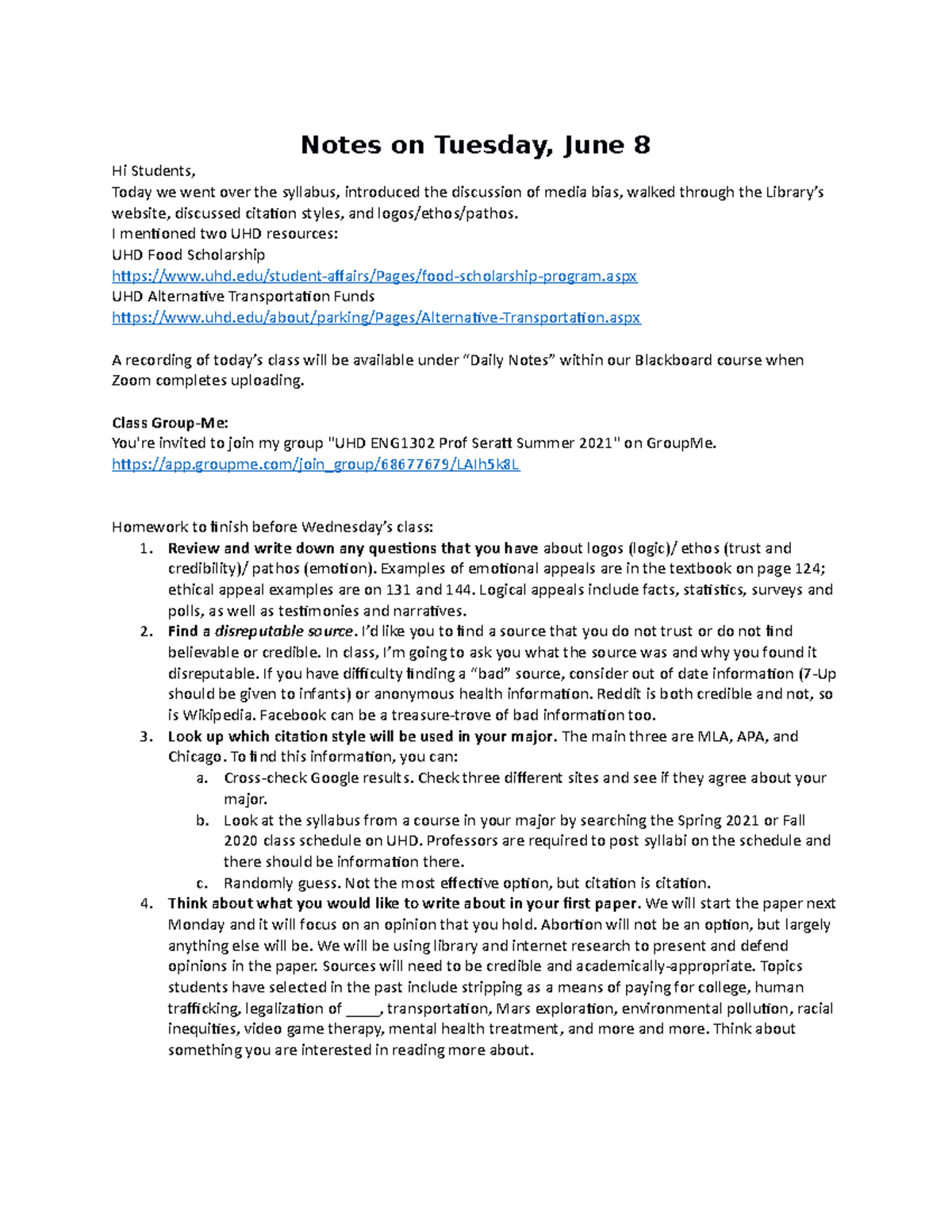 2 Tuesday June 8 - notes - Notes on Tuesday, June 8 Hi Students, Today ...