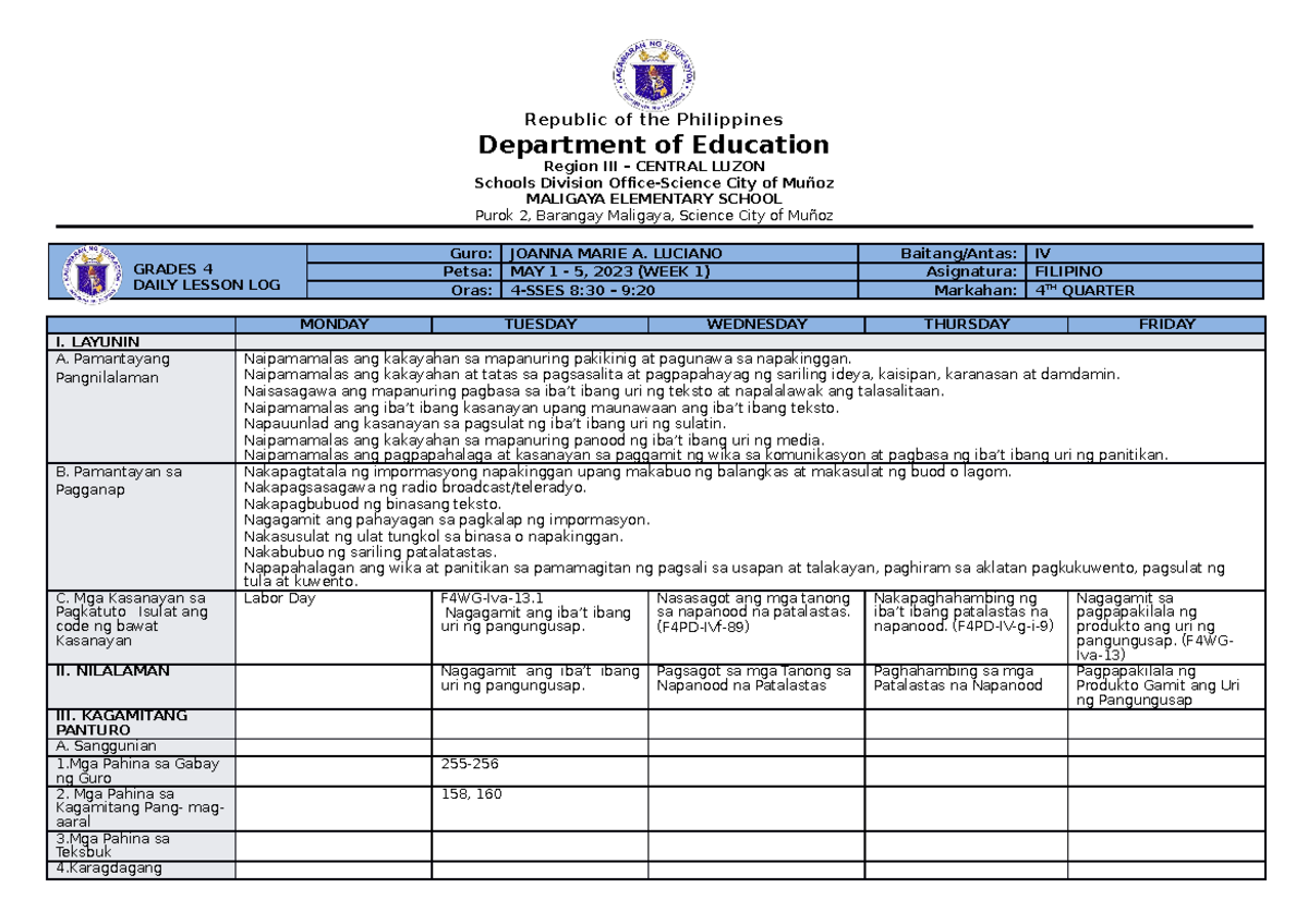 Grade 4 DLL Filipino 4 Q4 Week 1 4-SSES - Republic of the Philippines Department of Education ...