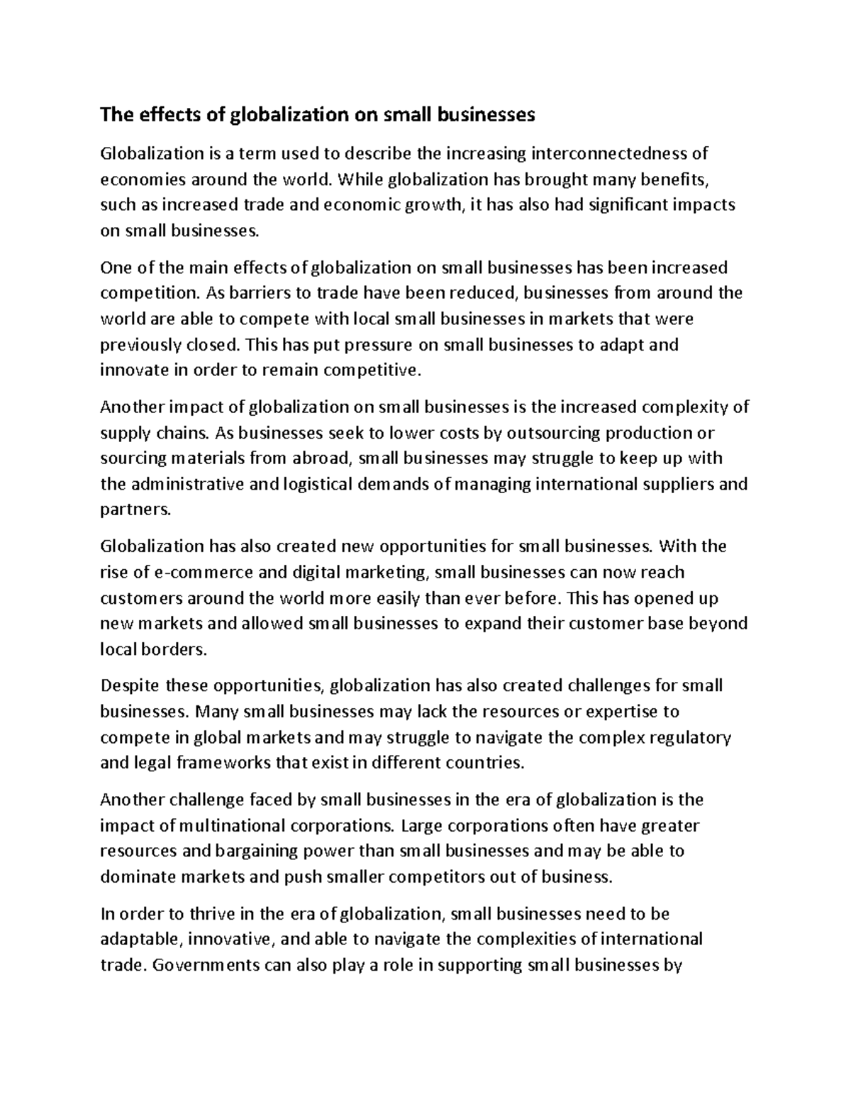 The effects of globalization on small businesses - The effects of ...