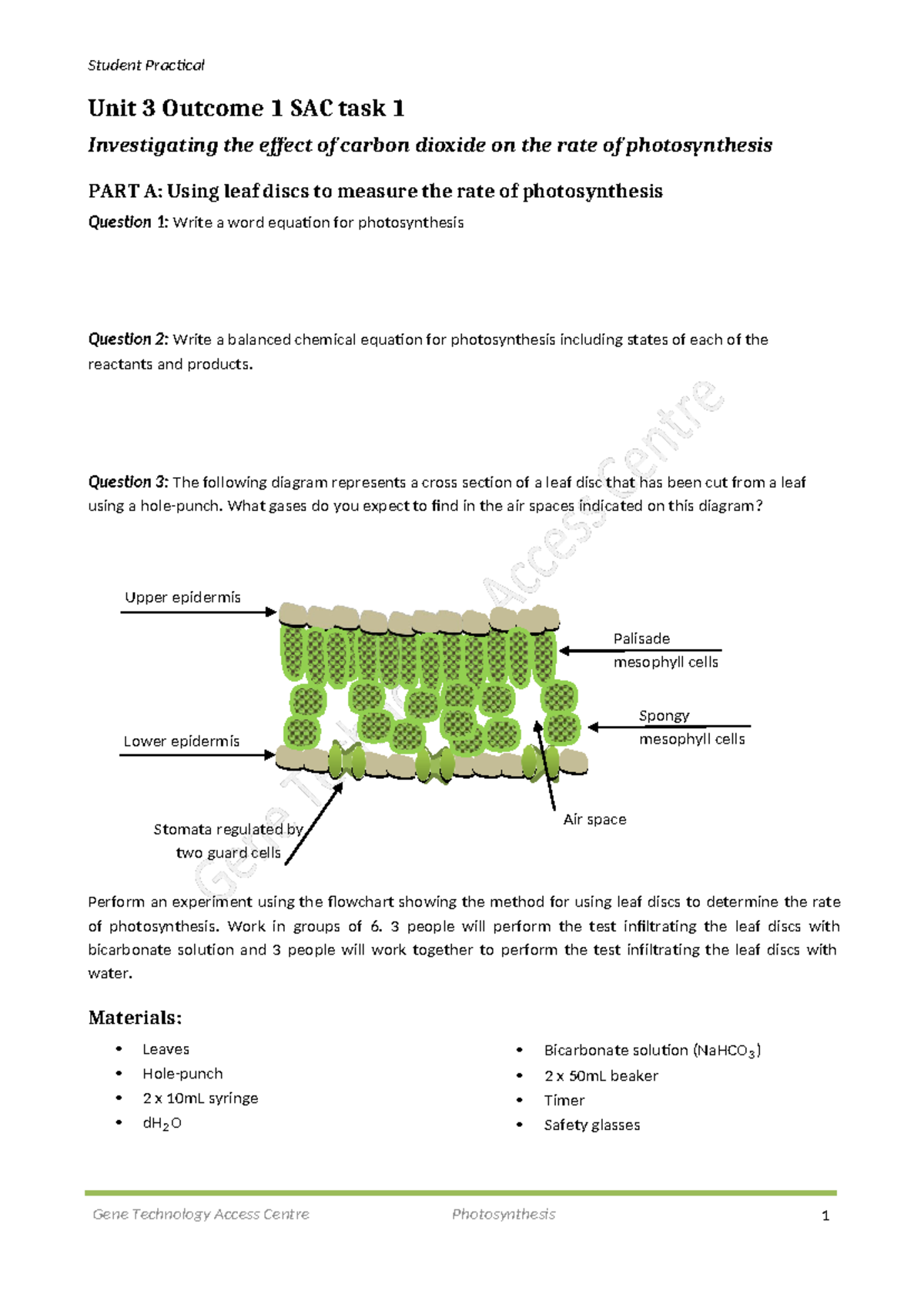 Photosynthesis disc practical - Unit 3 Outcome 1 SAC task 1 ...