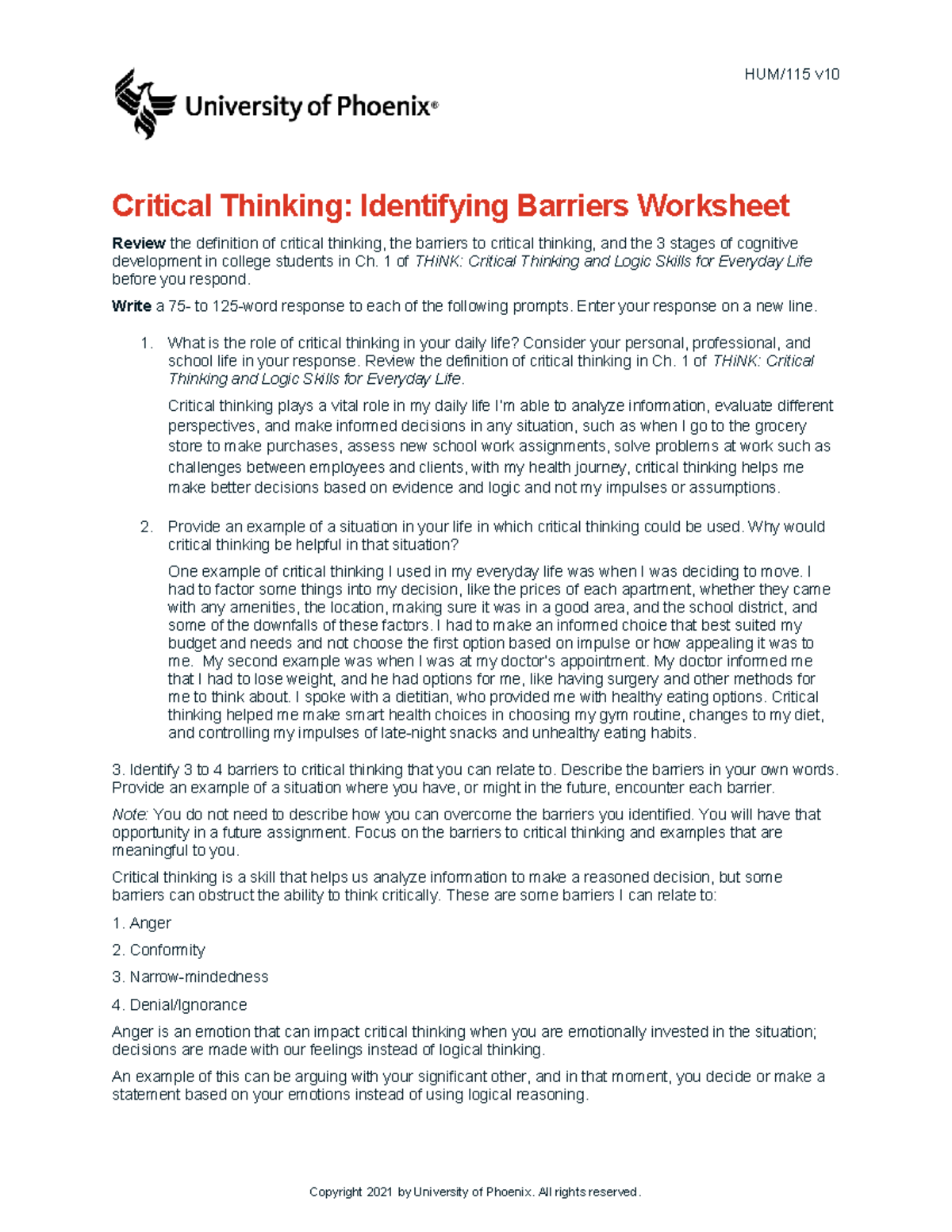 Hum115 v10 wk1 critical thinking identifying barriers worksheet - HUM ...