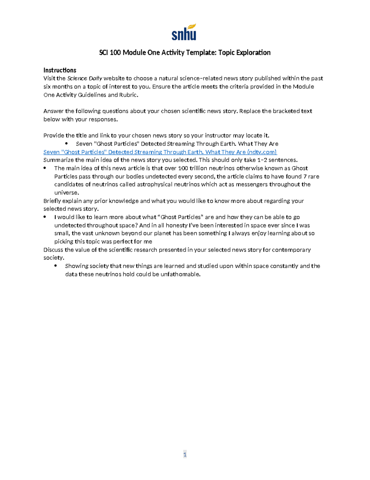SCI 100 Module One Activity Template - Ensure the article meets the ...