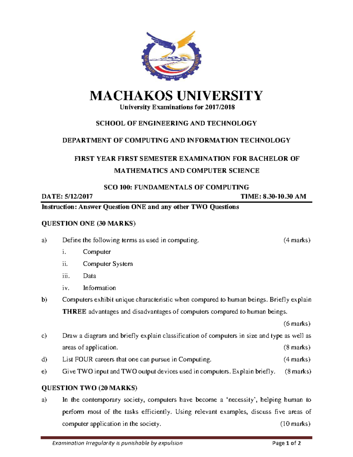 SCO 100 Draft EXAM - Examination Irregularity is punishable by ...