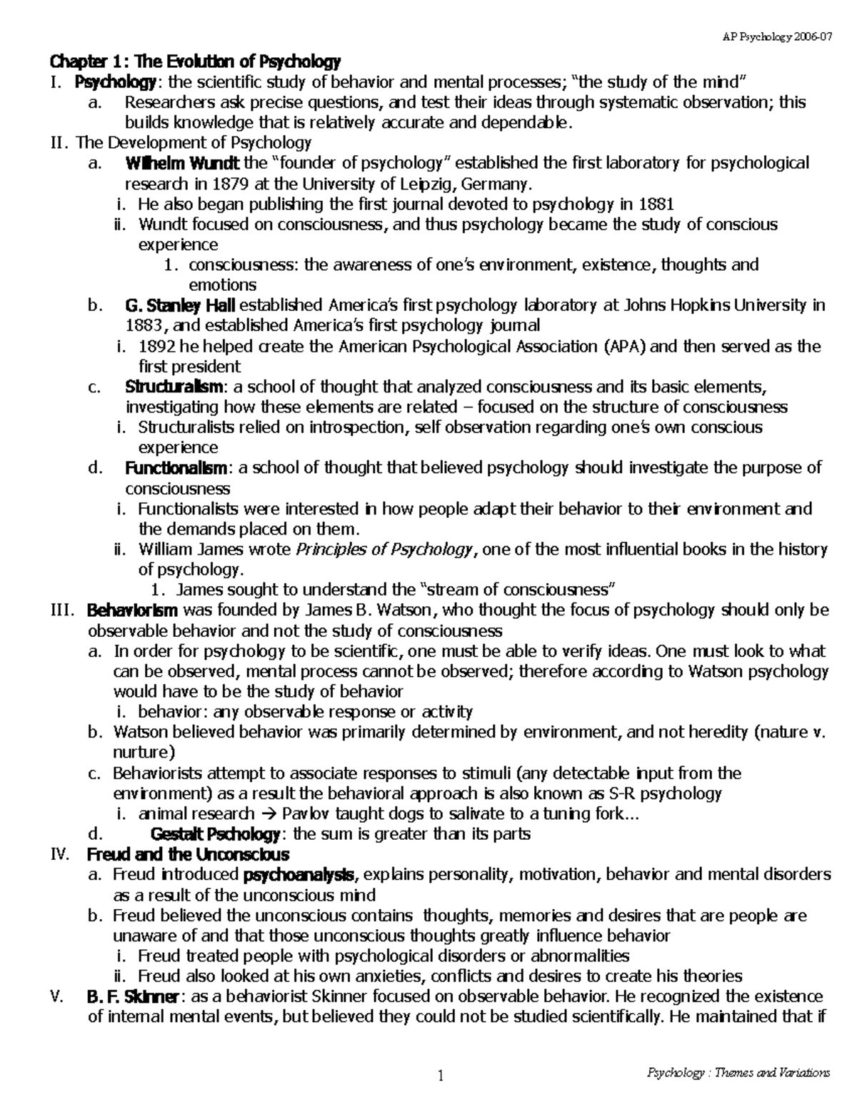Chapter One Textbook Outline For Pysch - AP Psychology 2006- Chapter 1 ...