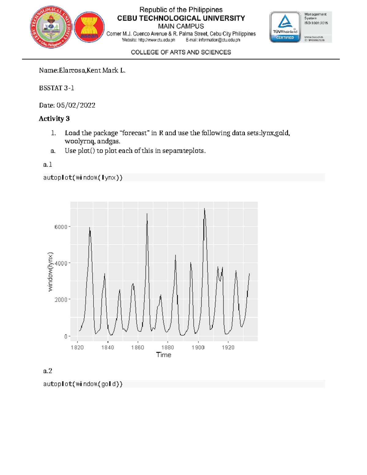 Time series(Activity 3):Fpp using excel - Name:Elarcosa,Kent Mark L 3 ...