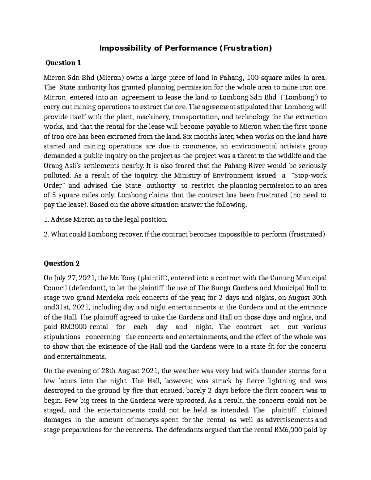 Impossibility of Performance - The State authority has granted planning ...