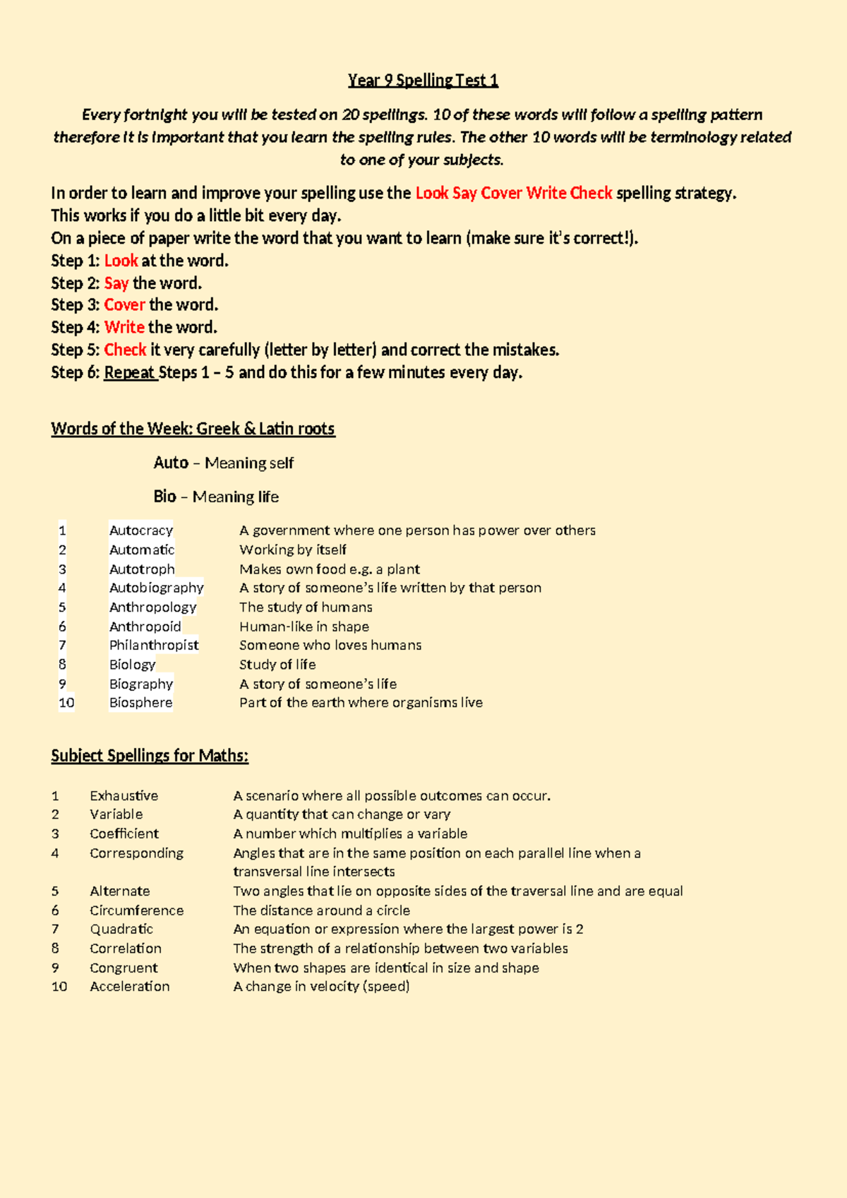 Year 9 Spelling Test 1 - maths - Year 9 Spelling Test 1 Every fortnight ...