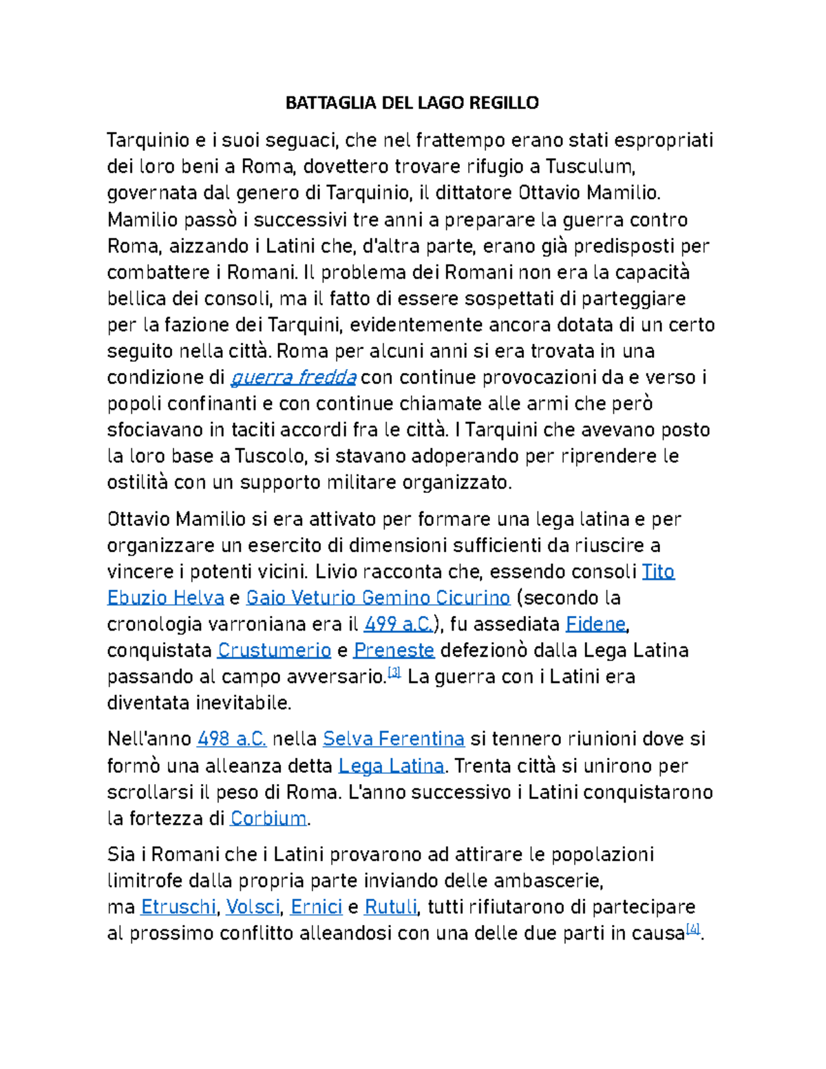 Appunti Storia Romana - BATTAGLIA DEL LAGO REGILLO Tarquinio e i suoi ...