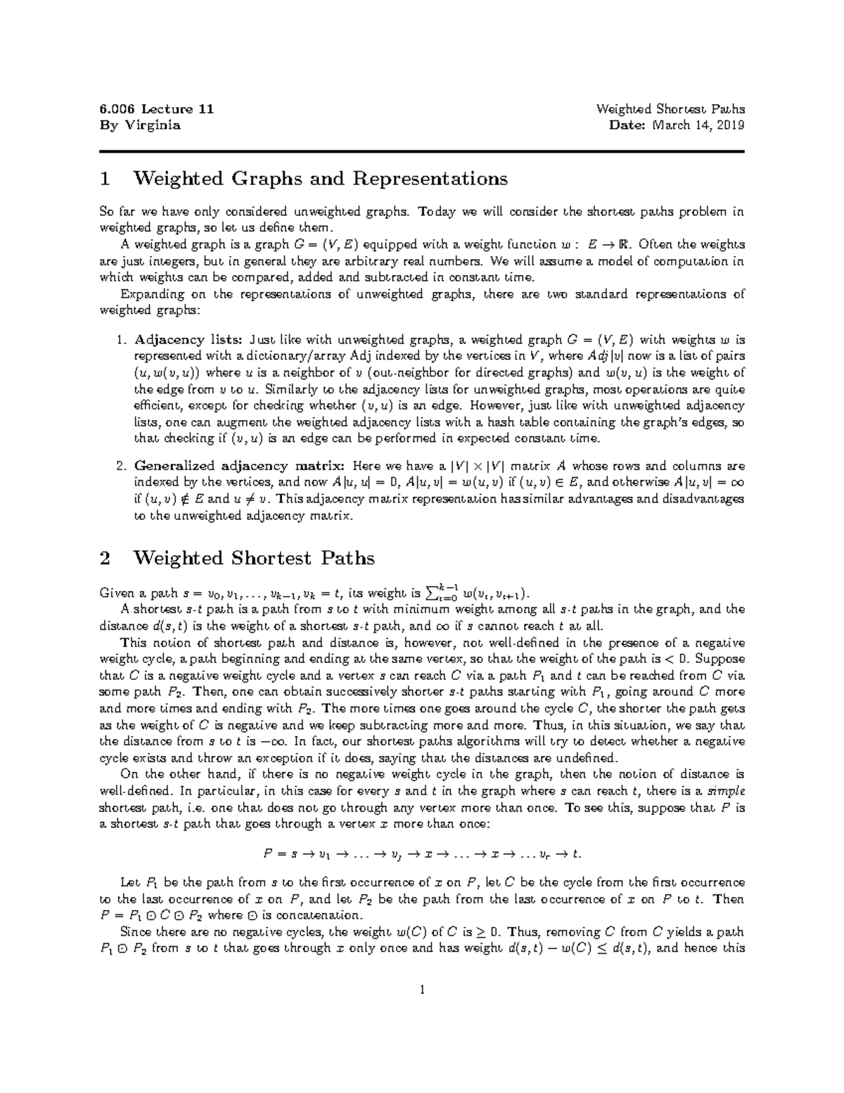 Lec11notes - Lecture notes 11 - 6 Lecture 11 Weighted Shortest Paths By ...