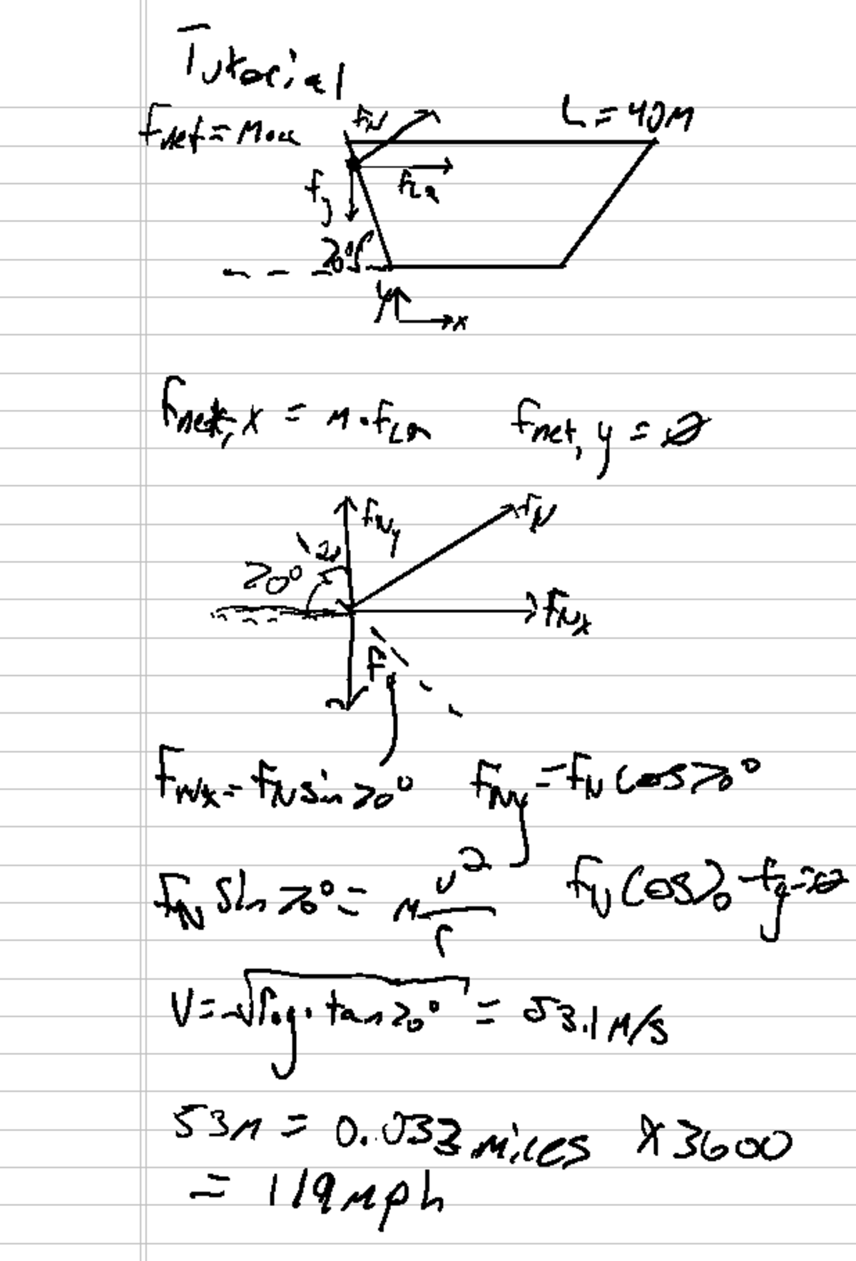 Circular Motion Tutorial Problem - PHYS2001 - Tutorial Fuet=Mou FN L=40M fy FL2 20's X Freek ...