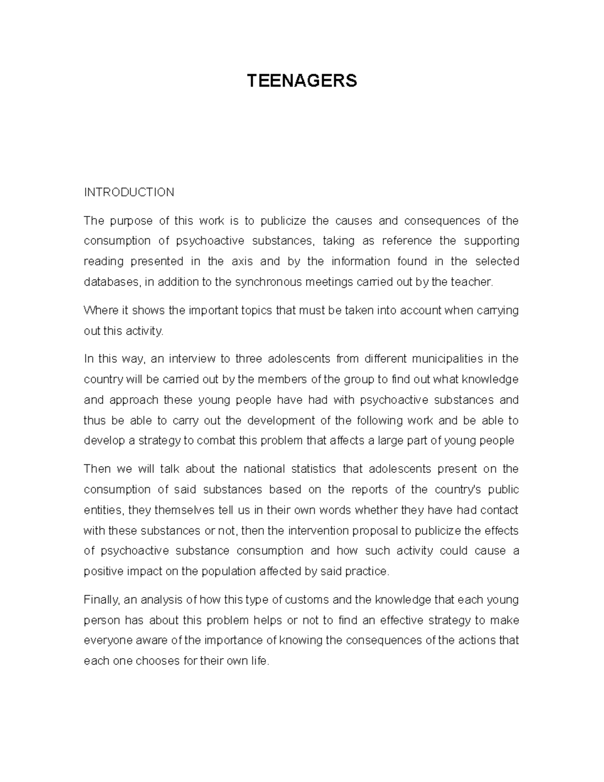 Teenagers - TEENAGERS INTRODUCTION The purpose of this work is to ...