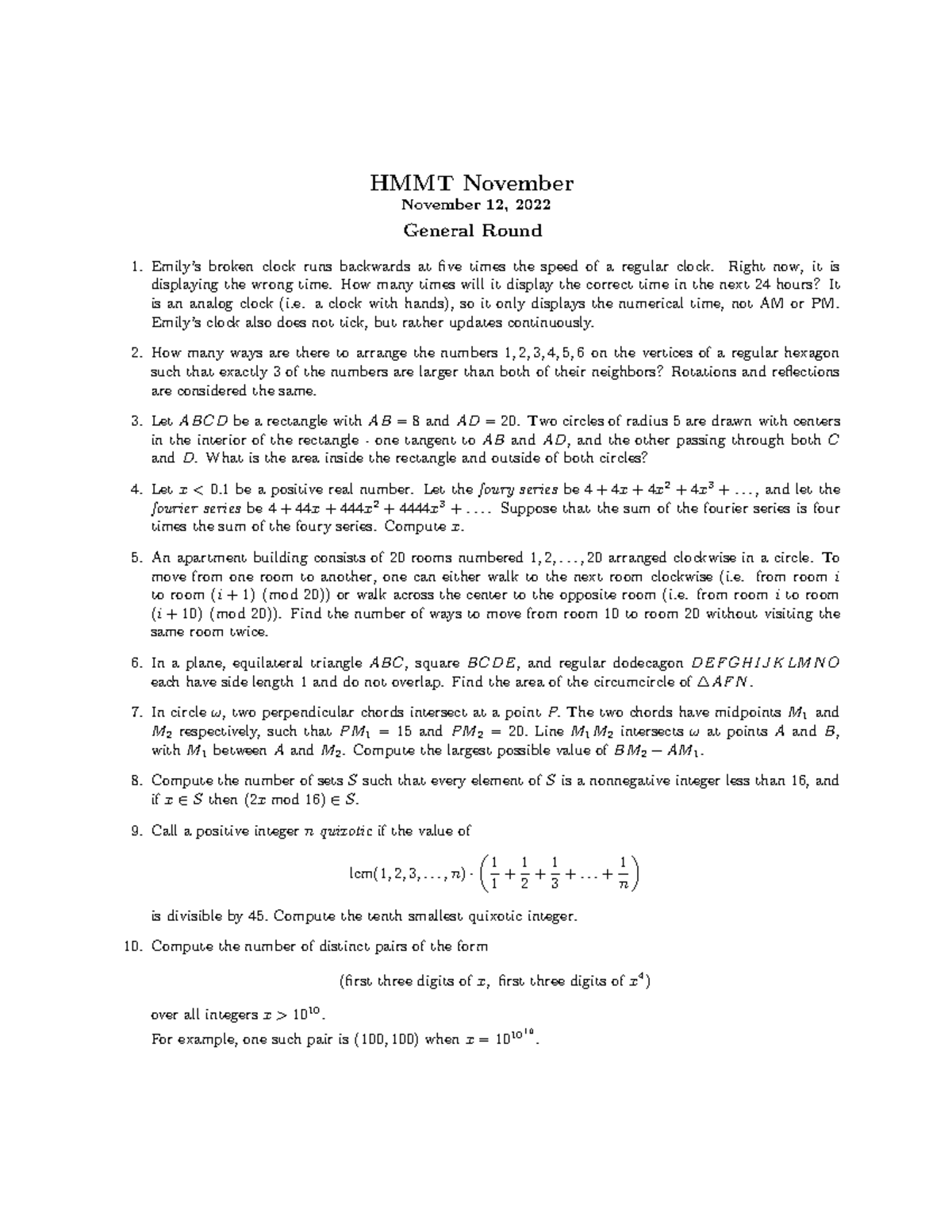 Problems - HMMT November November 12, 2022 General Round Emily’s broken ...