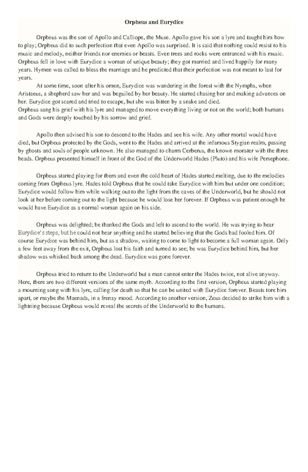 Orpheus and Eurydice - N/A - Orpheus and Eurydice Orpheus was the son ...