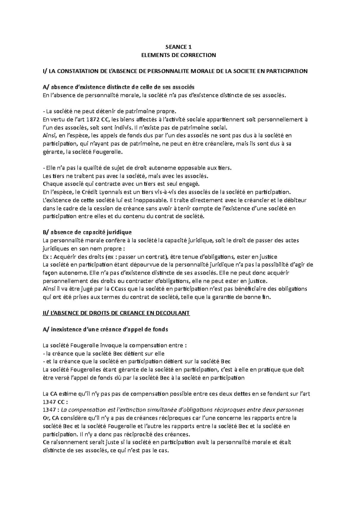 Correction commentaire d'arrêt - SEANCE 1 ELEMENTS DE CORRECTION I/ LA ...