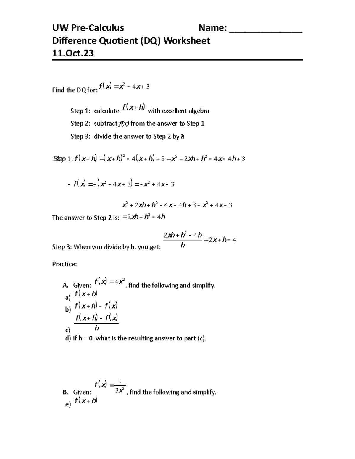 UWPC Chap 5 Difference Quotient (DQ) Worksheet - UW Pre-Calculus Name ...