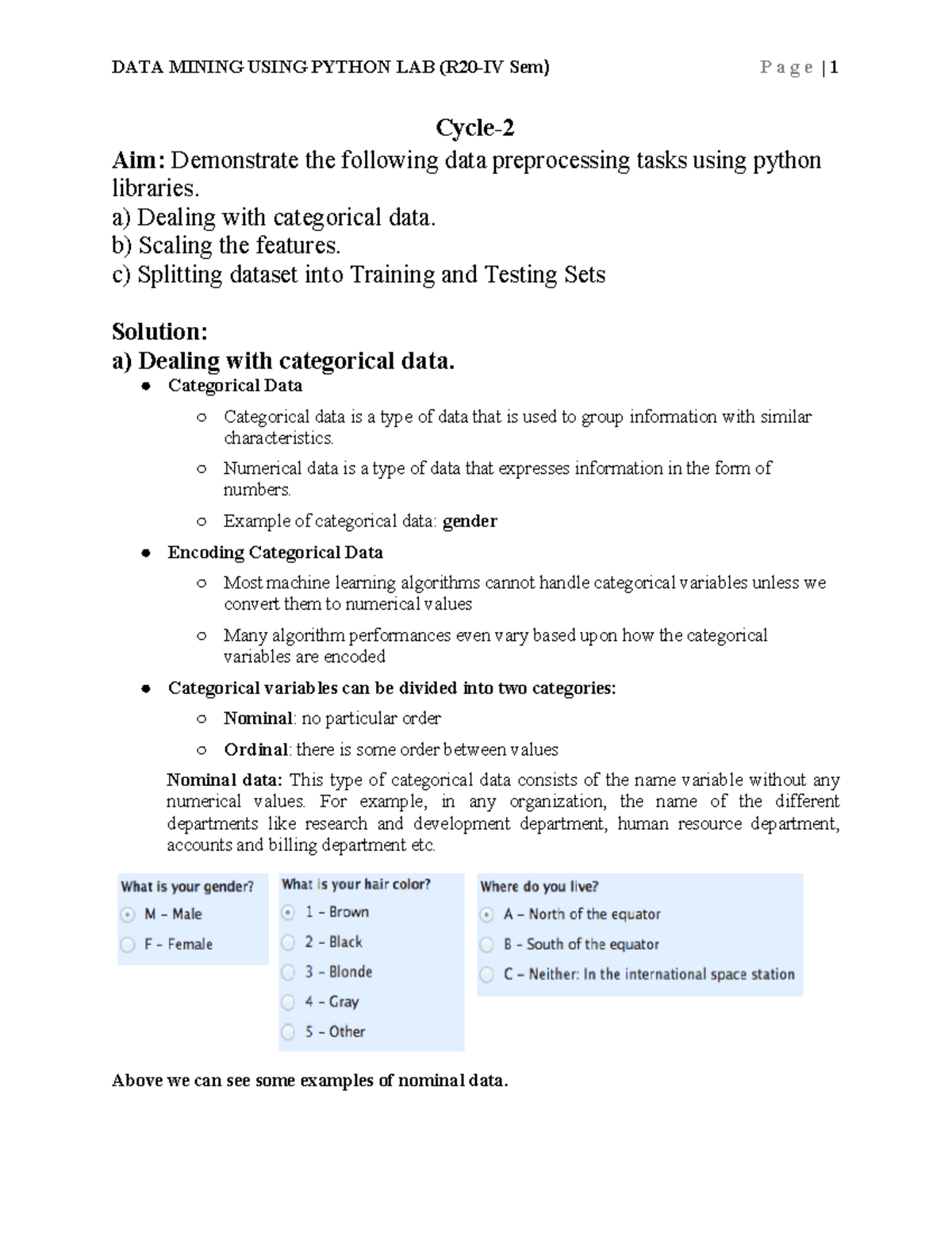 Dm lab cycle 2 1 - lecture - Cycle- Aim: Demonstrate the following data preprocessing tasks ...