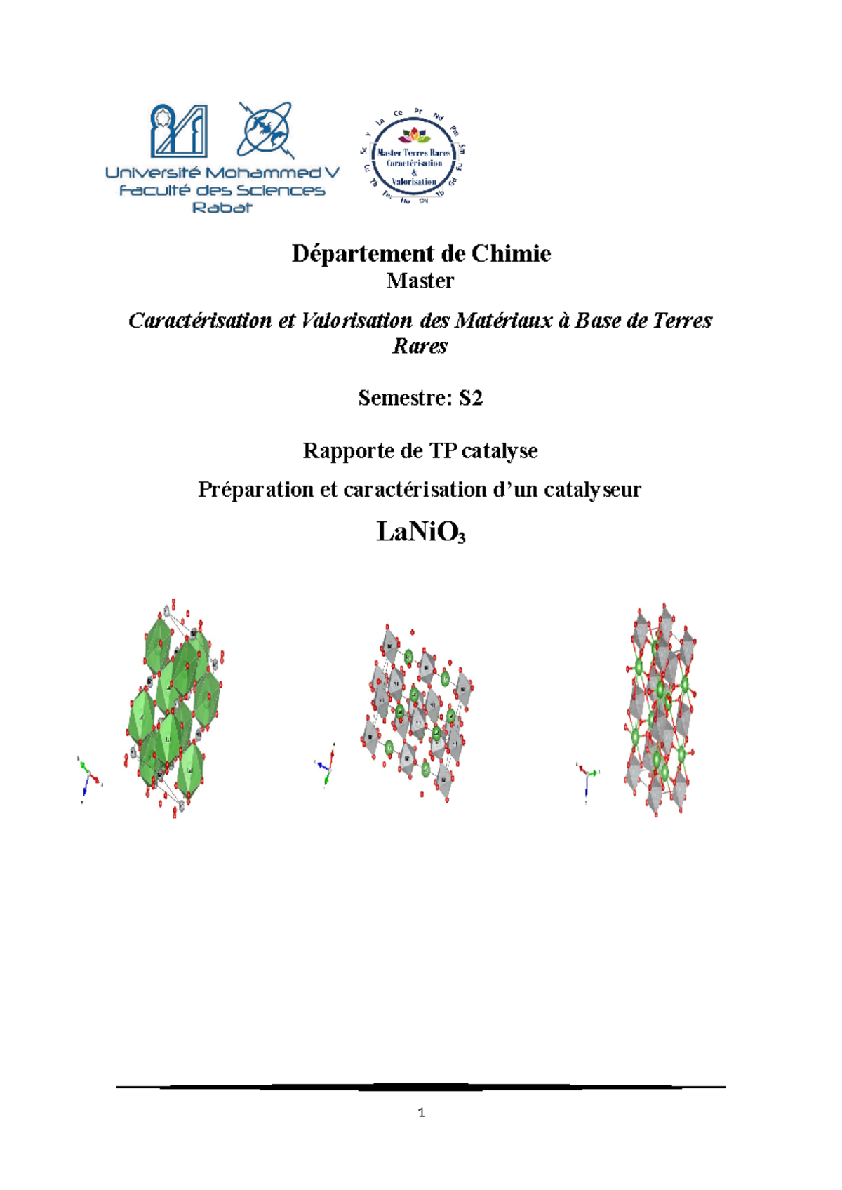 Raport de catalyse - Département de Chimie Master Caractérisation et Valorisation des Matériaux ...