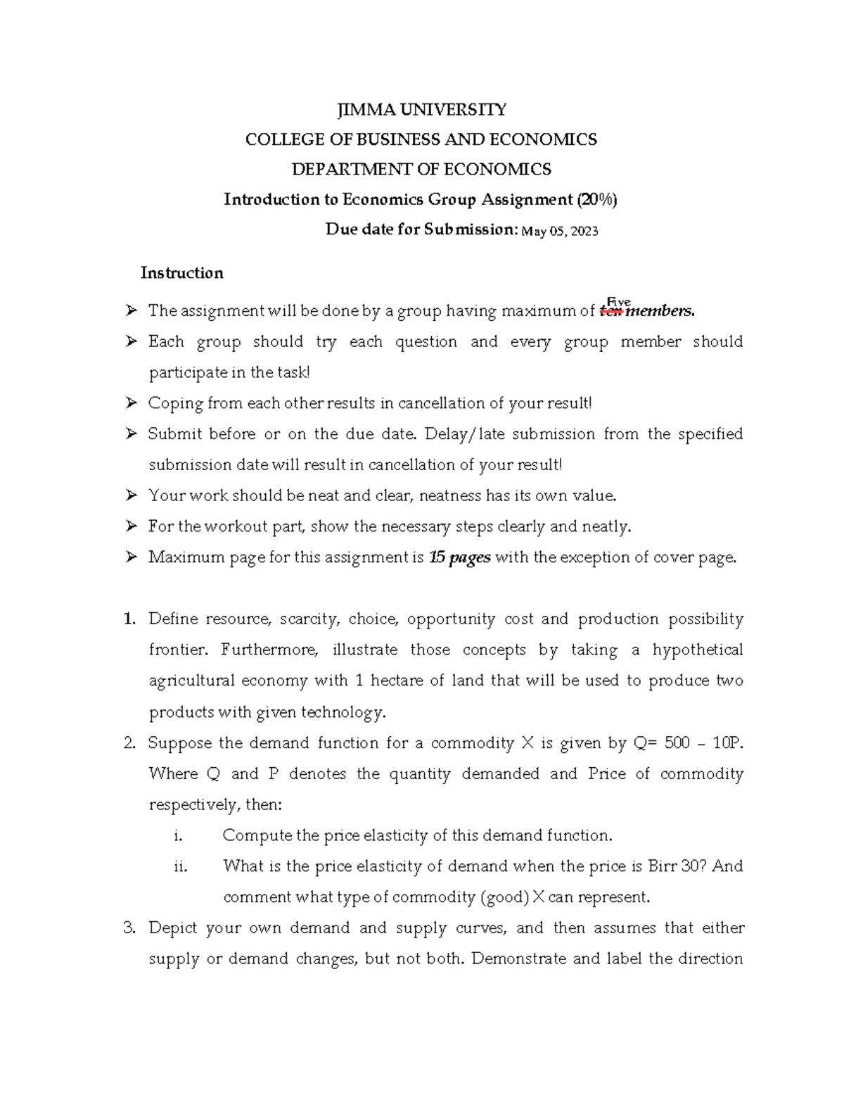 Introduction to Economics Assignment - JIMMA UNIVERSITY COLLEGE OF BUSINESS AND ECONOMICS ...