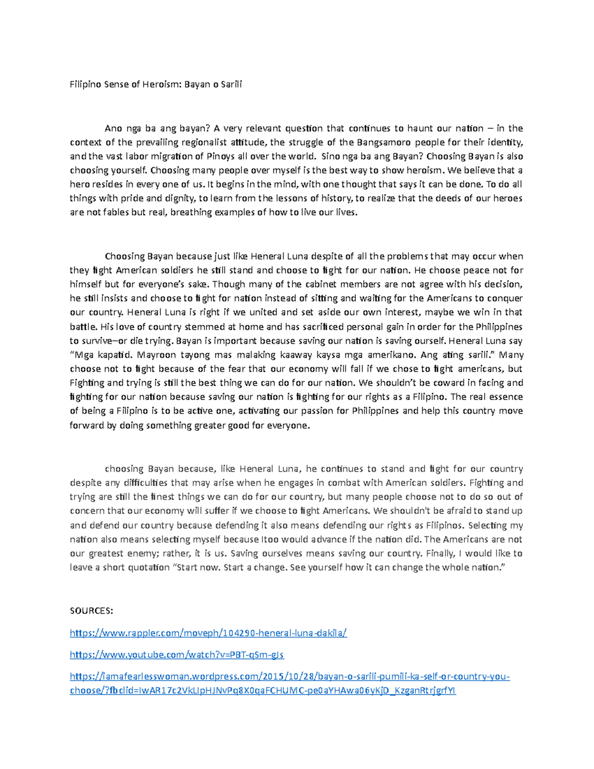 Filipino Sense of Heroism Bayan o Sarili Position Paper - Filipino ...