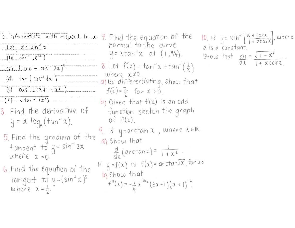 Diff Inverse Trig Questions - Studocu