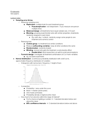 Cheat sheet - exam 1 - Estimate/statistic: related quantity to parameters, calculated from a ...
