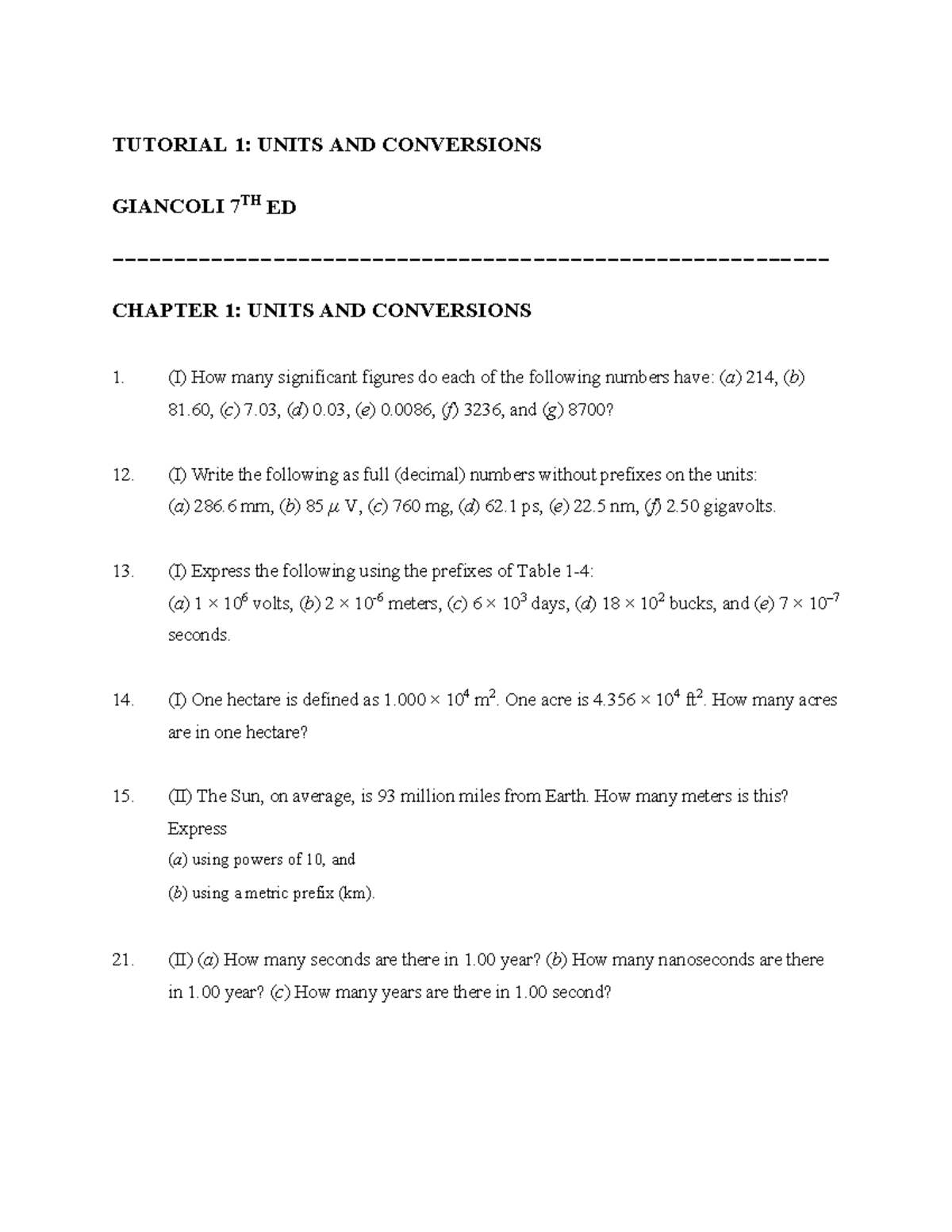 Tutorial 1 (Part1) - Introduction - Units and Vectors - TUTORIAL 1: UNITS AND CONVERSIONS ...