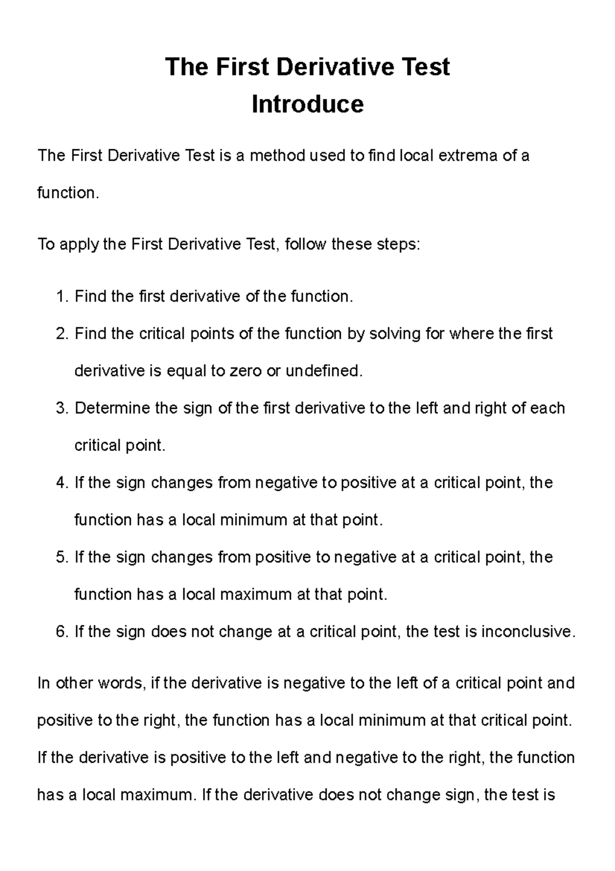 The First Derivative Test Introduce - The First Derivative Test ...