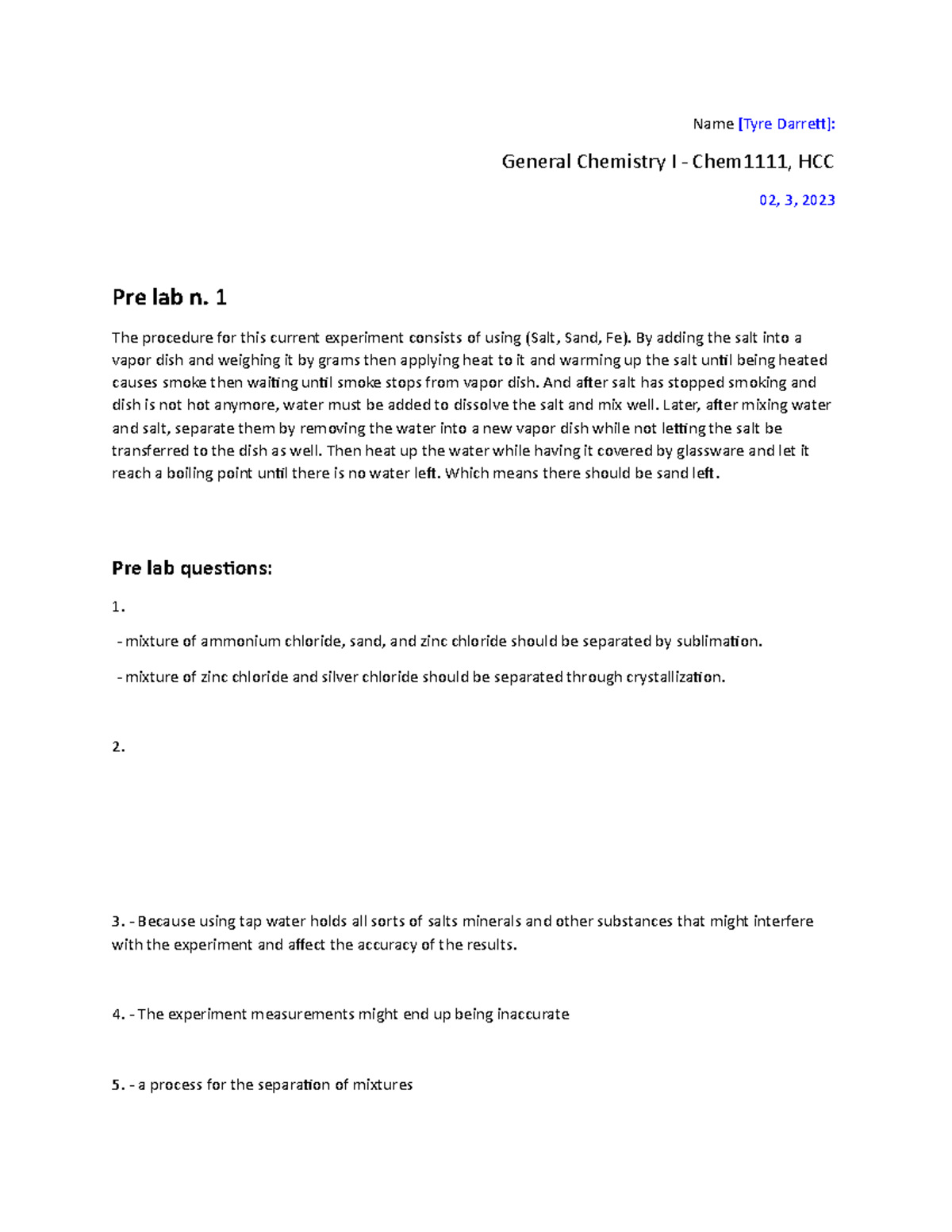 Pre Lab 2 - hope this helps - Name [Tyre Darrett]: General Chemistry I ...