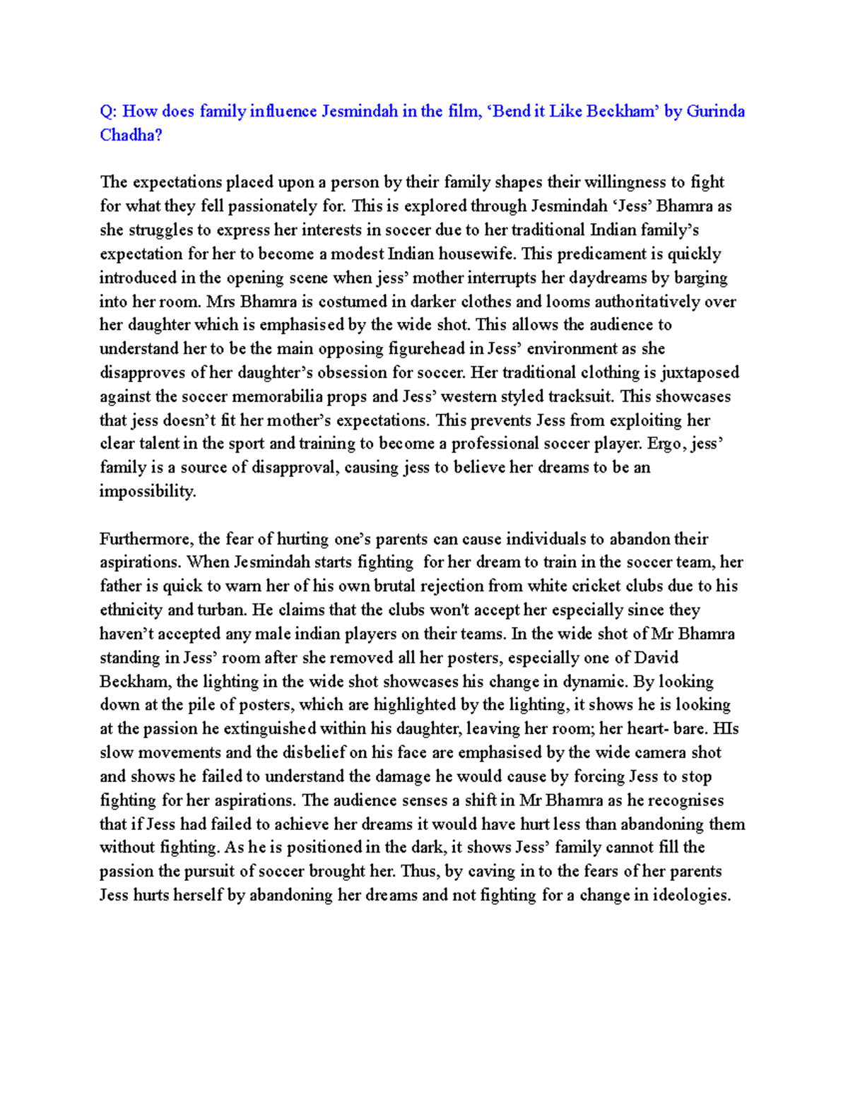 Bend it Like Beckham - The Theme of Family - Q: How does family ...