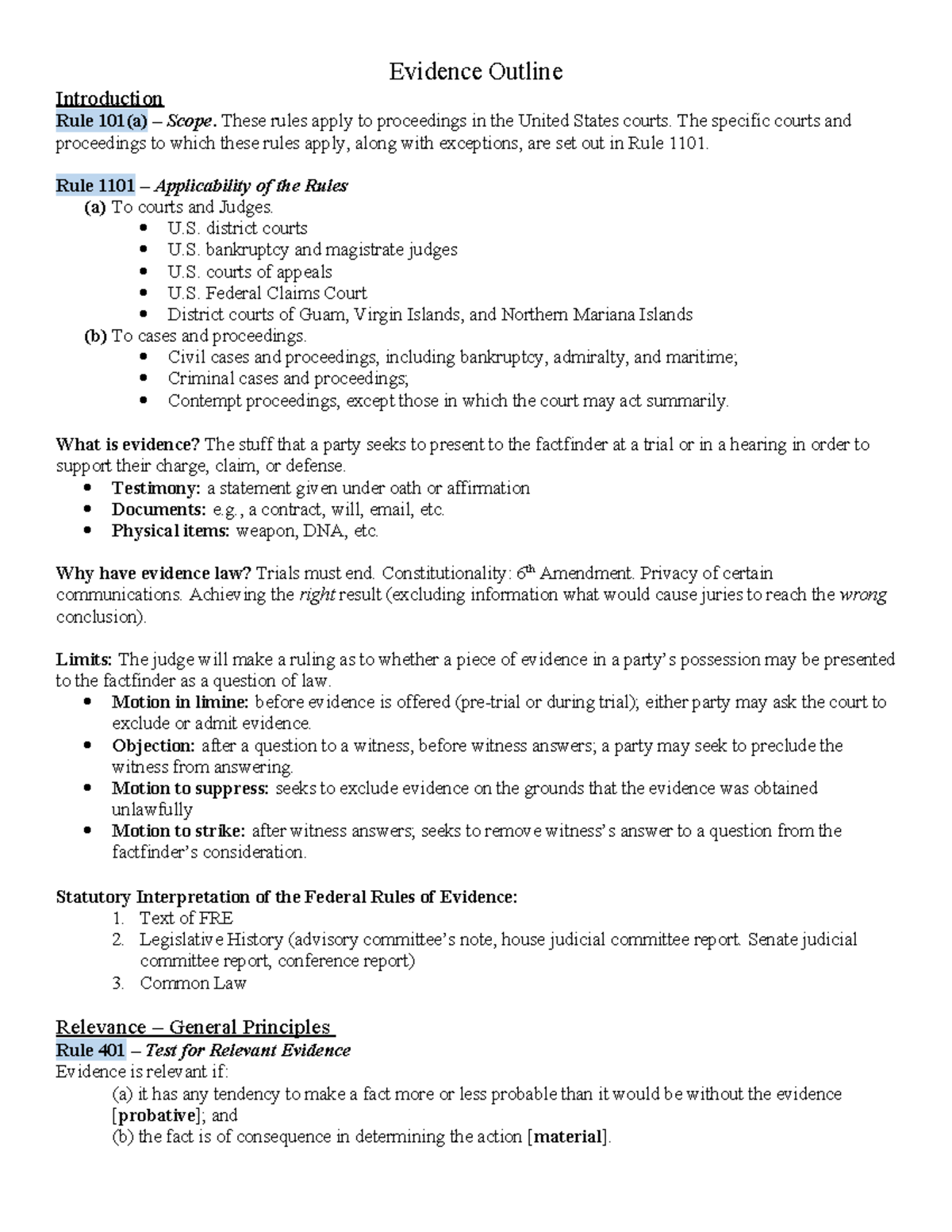 Evidence Outline - Evidence Outline Introduction Rule 101(a) – Scope ...
