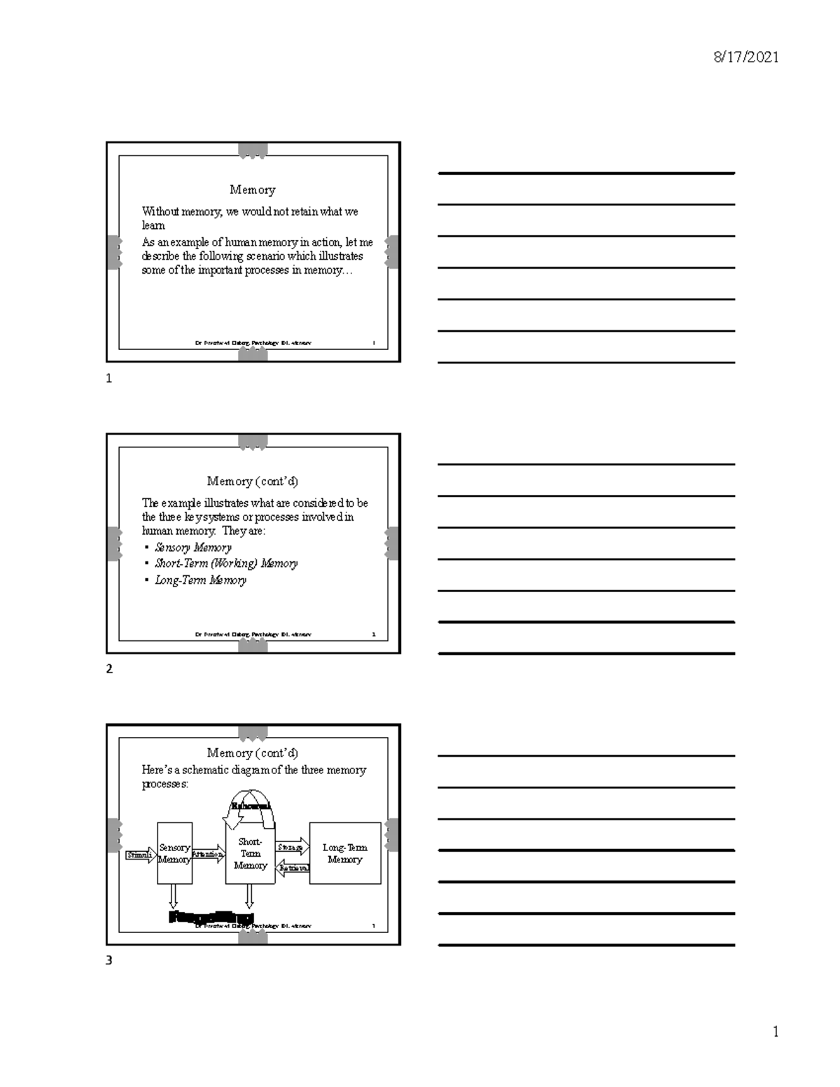 Lecture 11-Memory - intro to phycology memory - Dr. Timothy M. Osberg, Psychology 101, Memory 1 ...