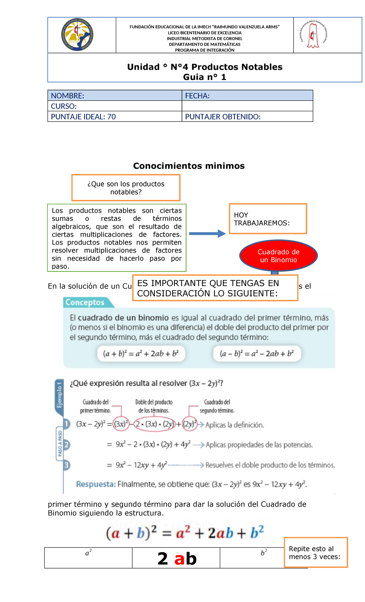 Productos Notables - 1 FUNDACIÓN EDUCACIONAL DE LA IMECH “RAIMUNDO ...