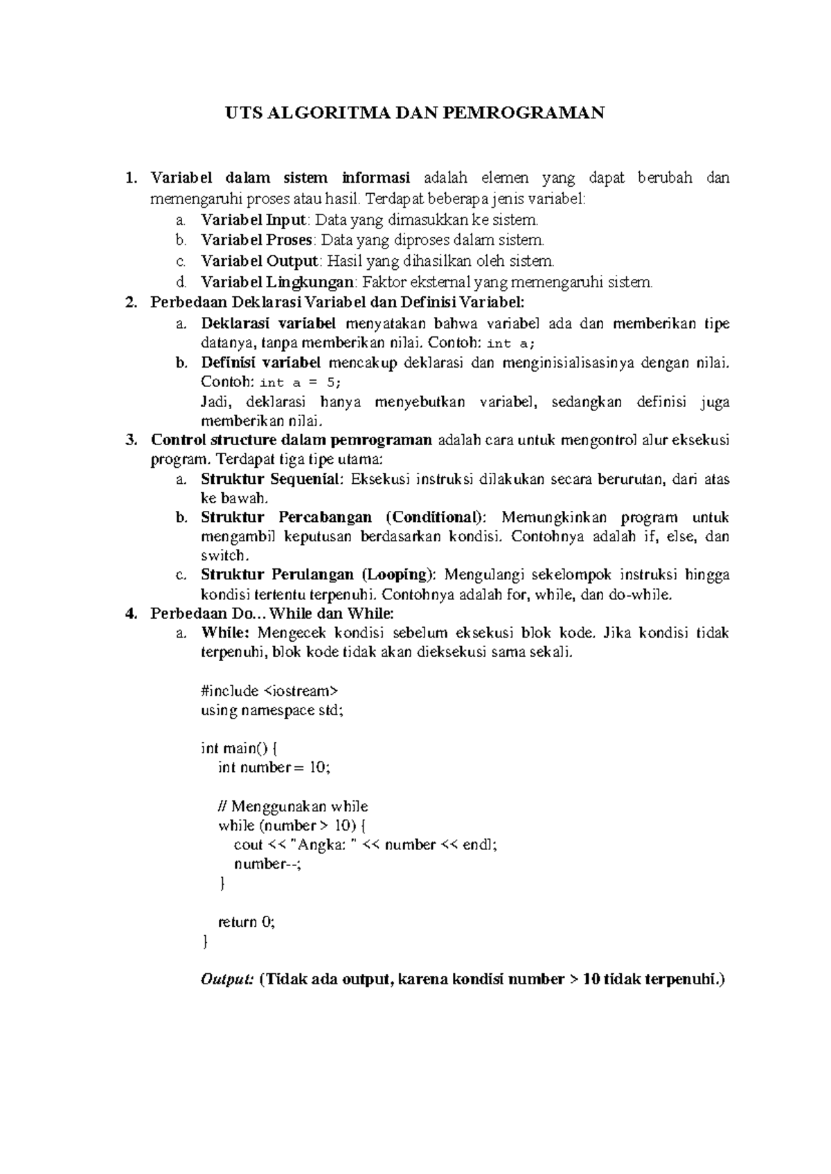 Uts Algoritma Dan Pemrograman Uts Algoritma Dan Pemrograman Variabel Dalam Sistem Informasi