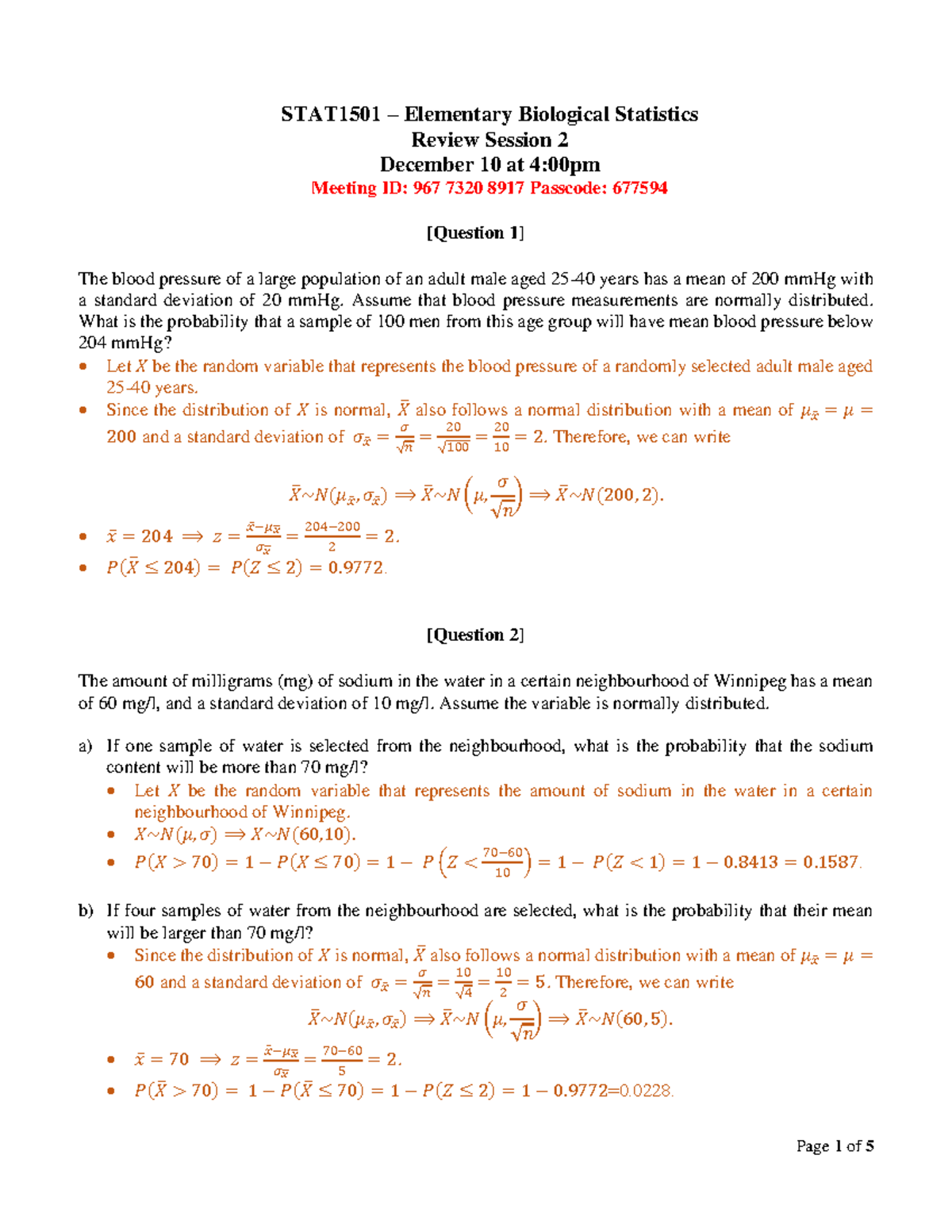 Questions and Solutions for Review 222 - STAT1501 – Elementary Biological Statistics Review ...