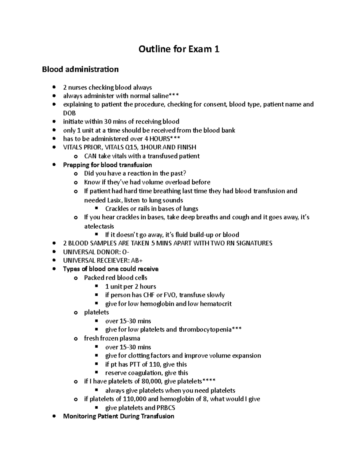 Outline for Exam 1 Adult Health - Outline for Exam 1 Blood ...