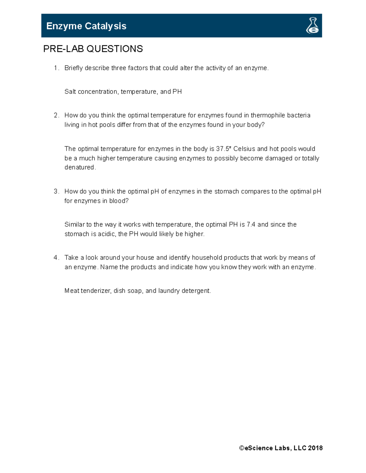 BIO MOD 3 Enzyme catalysts - PRE-LAB QUESTIONS Briefly describe three ...