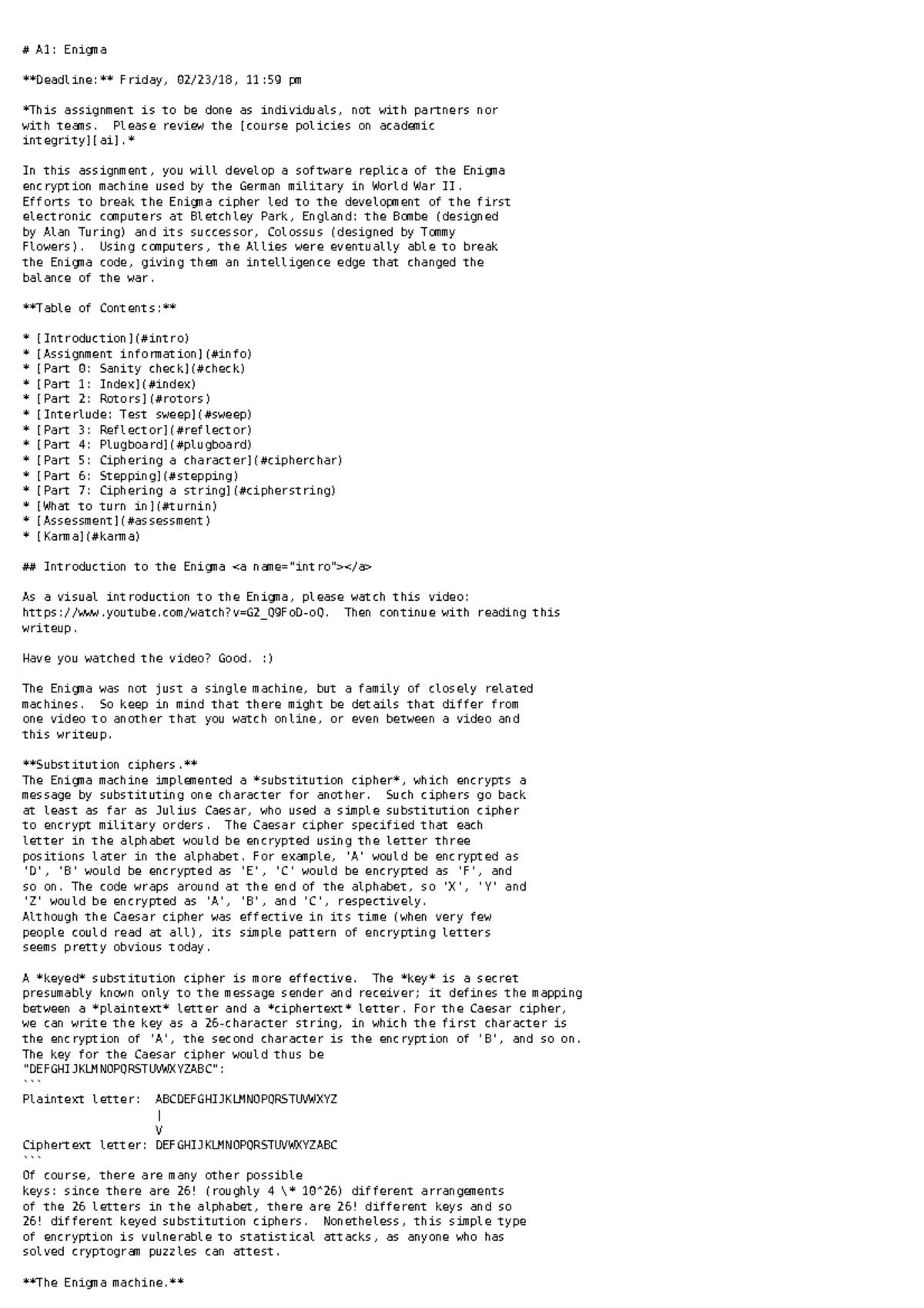 A1 - Assignment from CS 3110 taught by Professor Nate Foster in Spring 2018. - A1: Enigma ...