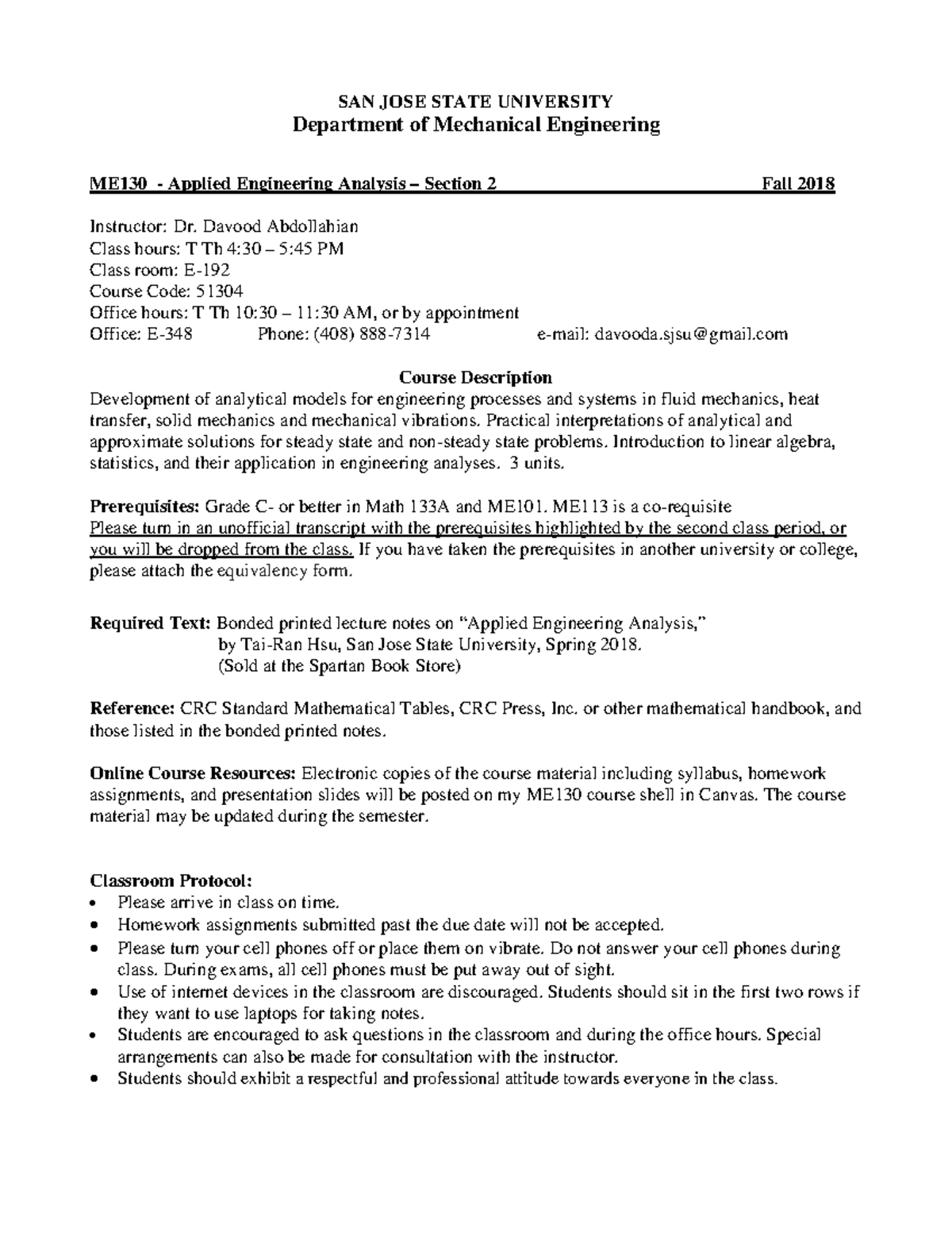ME 130 F18 - Summary Applied Engineering Analysis - SAN JOSE STATE UNIVERSITY Department of ...