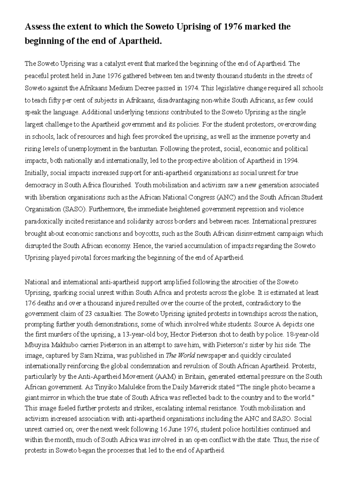 Soweto Uprising (1976) - Assess the extent to which the Soweto Uprising ...