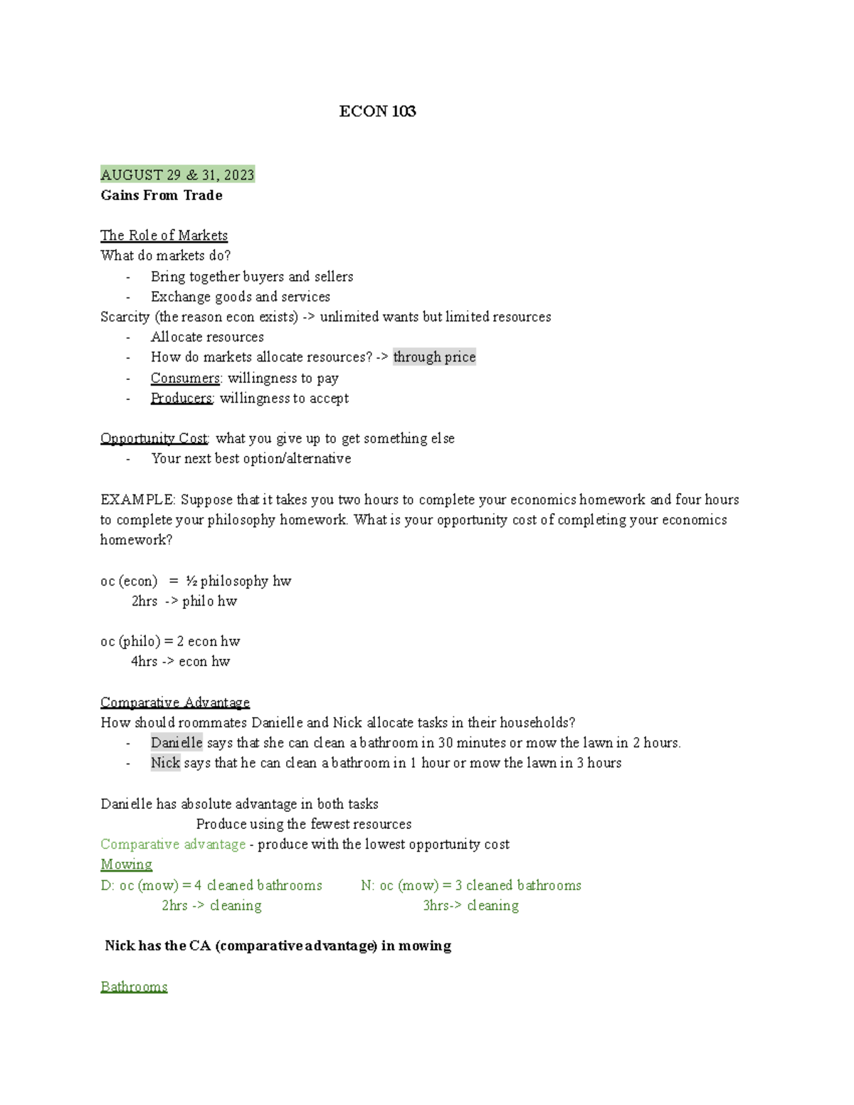 ECON 103 - Lecture Notes Chapters 6-11 - ECON 103 AUGUST 29 & 31, 2023 ...