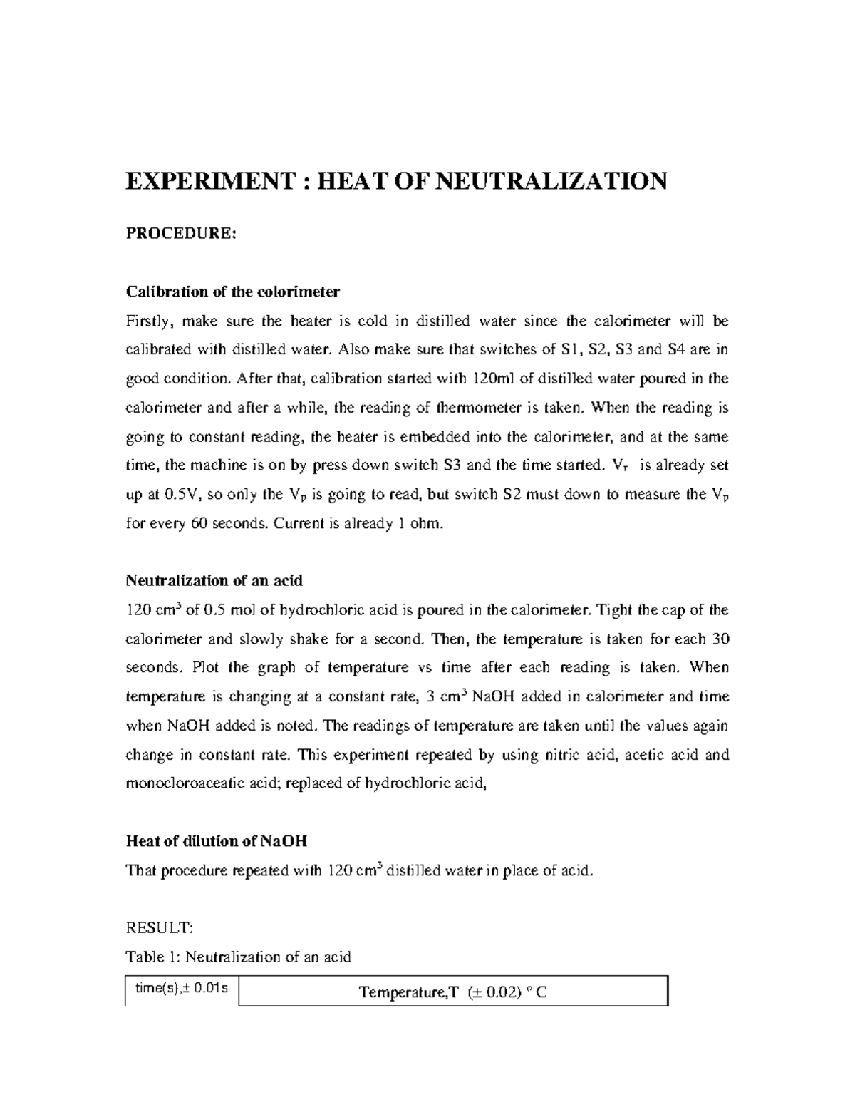 Tahap 2- Experiment 2 - EXPERIMENT : HEAT OF NEUTRALIZATION PROCEDURE ...