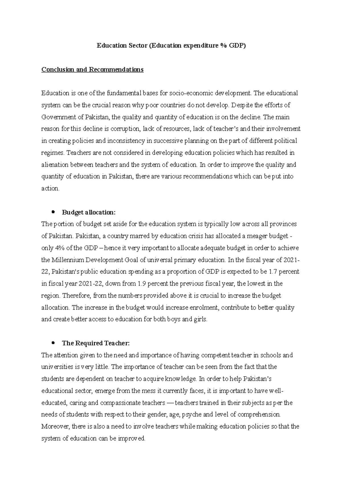 Conclusion and Recommendation - Education Sector (Education expenditure ...