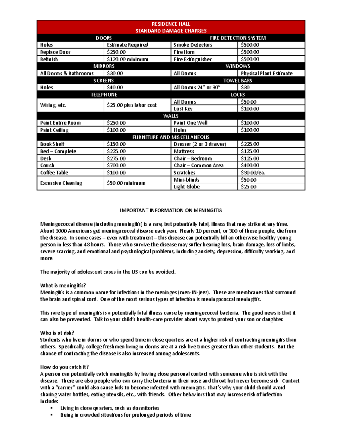 Meningitis Info and Standard Damage Charges - 2018 - RESIDENCE HALL ...