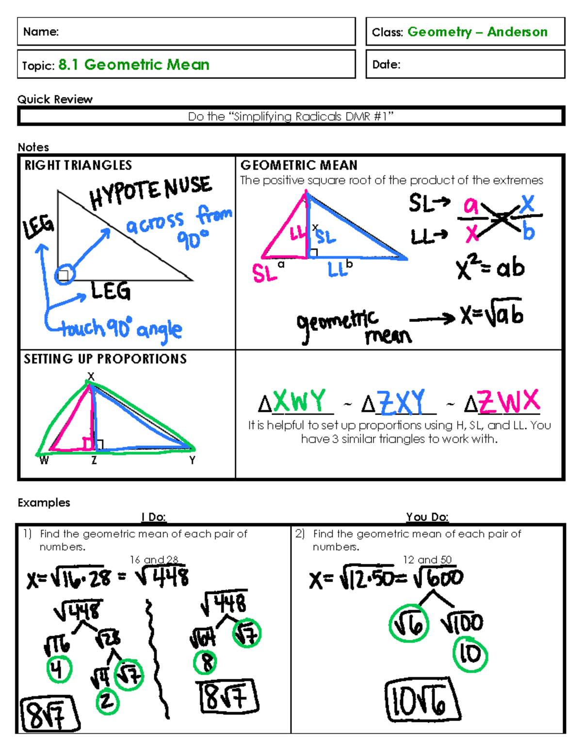 8.1 Notes KEY - Name: Class: Geometry – Anderson Topic: 8 Geometric ...