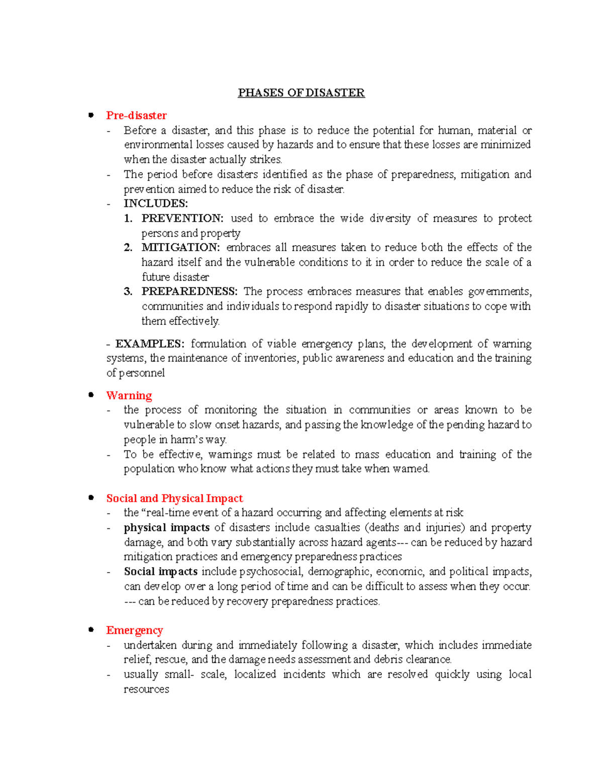 Phases OF Disaster - NOTES - PHASES OF DISASTER Pre-disaster - Before a ...