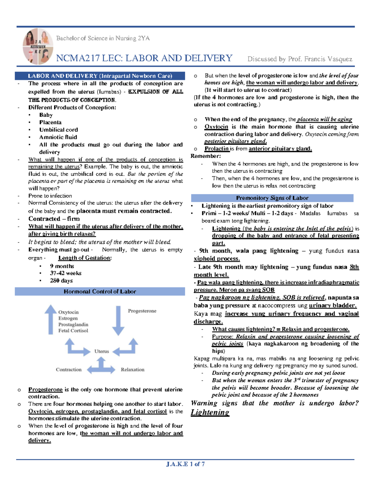 WK7 Labor and Delivery - Notes - Bachelor of Science in Nursing 2YA ...
