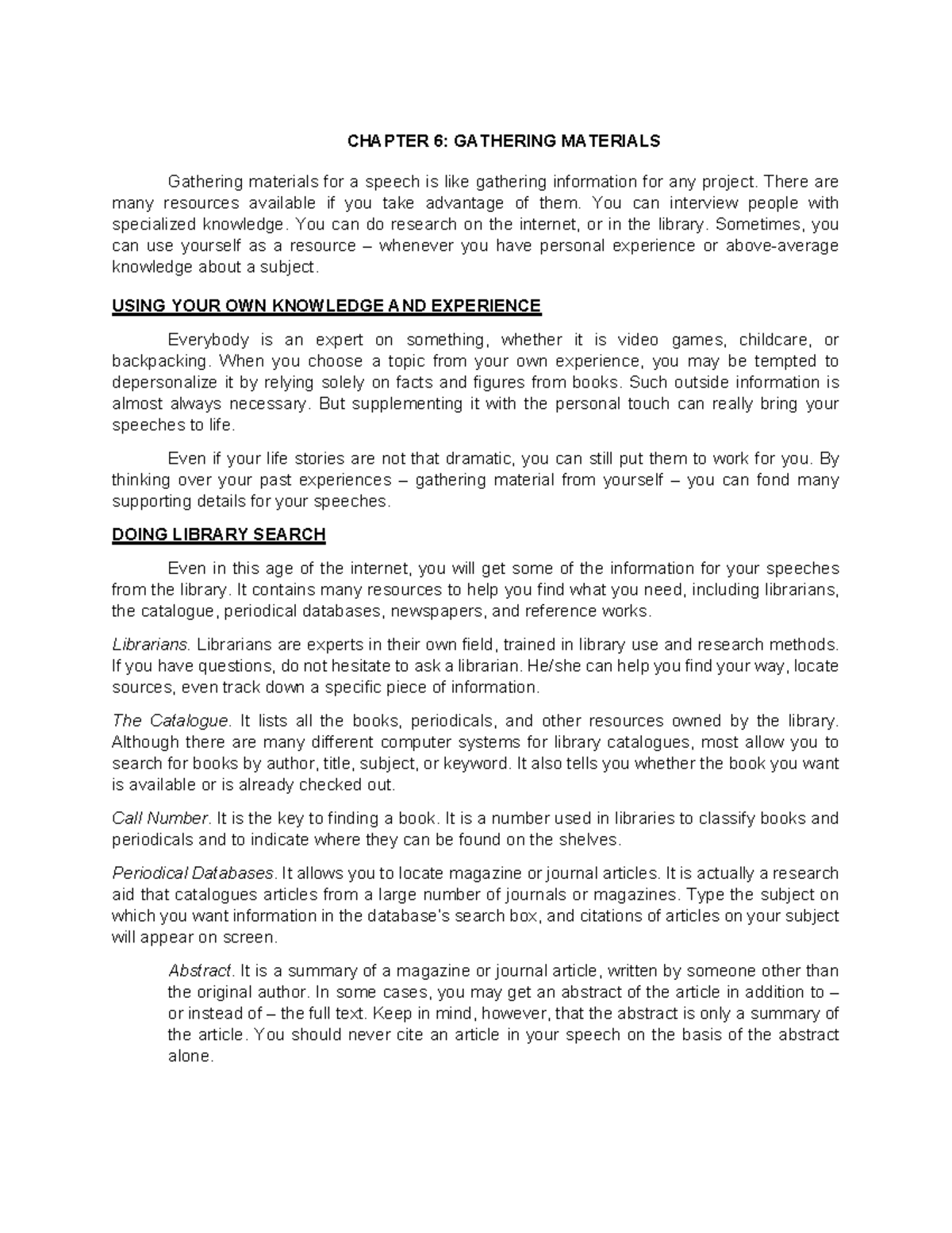 PSP Handout 6 Chapter 6 pdf - CHAPTER 6: GATHERING MATERIALS Gathering materials for a speech is ...
