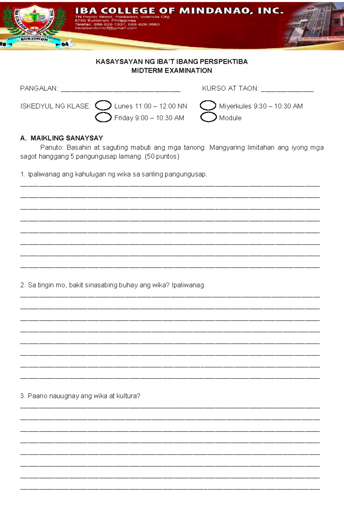 Midterm Examination - Handsome - KASAYSAYAN NG IBA’T IBANG PERSPEKTIBA MIDTERM EXAMINATION ...