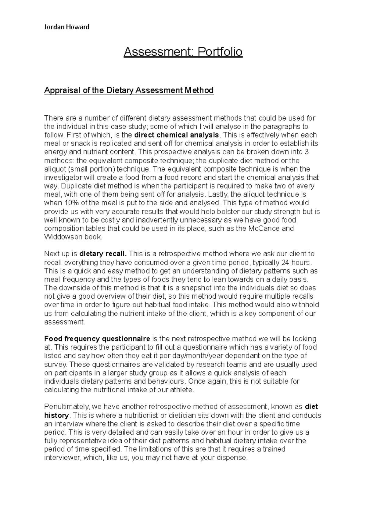 Assessment Portfolio Assessment Portfolio Appraisal Of The Dietary