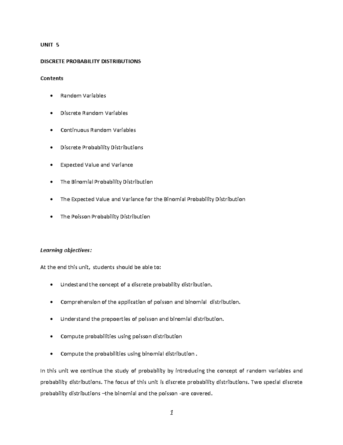 ABA3691 Distance Students Bus Stats Unit 5 - UNIT 5 DISCRETE ...
